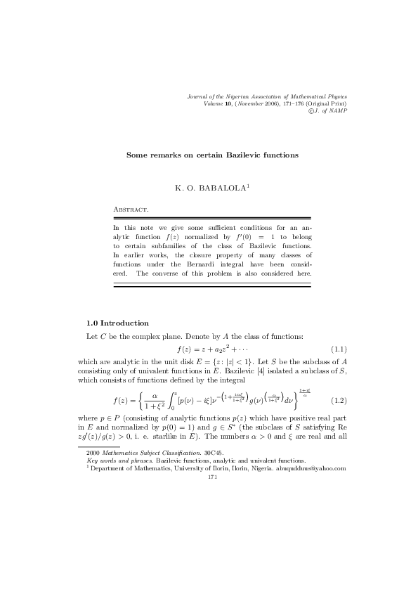 Pdf Some Remarks On Certain Bazilevic Functions