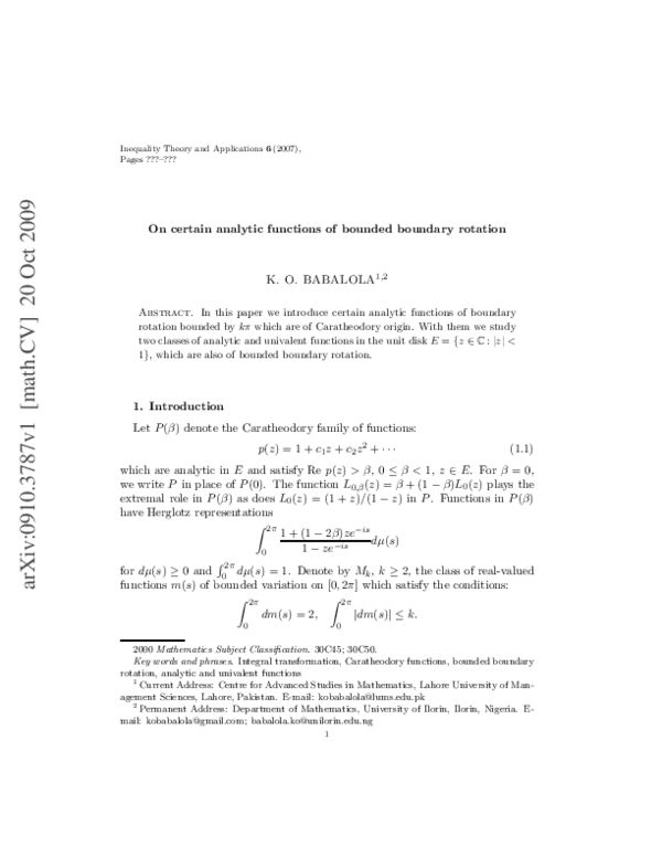 Pdf On Certain Analytic Functions Of Bounded Boundary Rotation