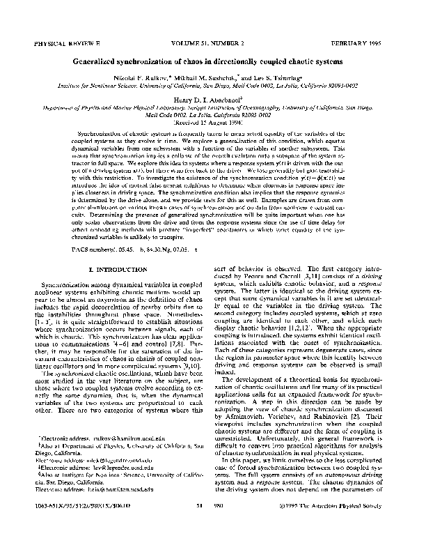 Pdf Generalized Synchronization Of Chaos In Directionally Coupled