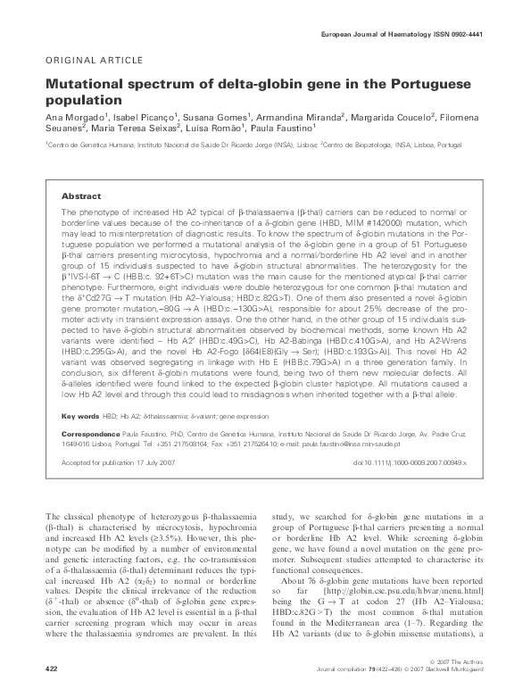 (PDF) Mutational spectrum of delta-globin gene in the Portuguese population