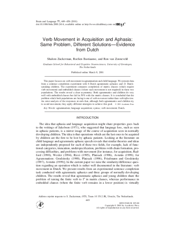 (PDF) Verb Movement in Acquisition and Aphasia: Same Problem, Different Solutions—Evidence from ...
