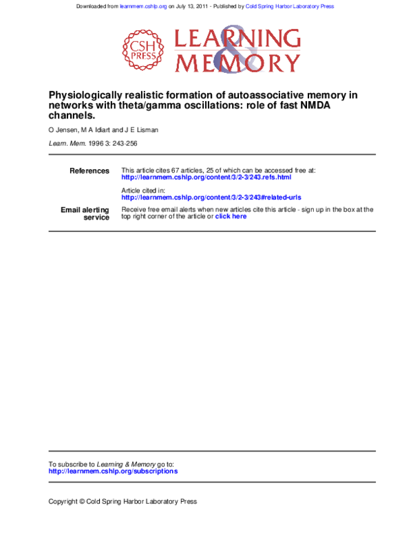 (PDF) Physiologically realistic formation of autoassociative memory in networks with theta/gamma ...