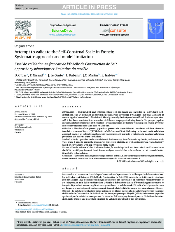 (PDF) Attempt to validate the Self-Construal Scale in French ...