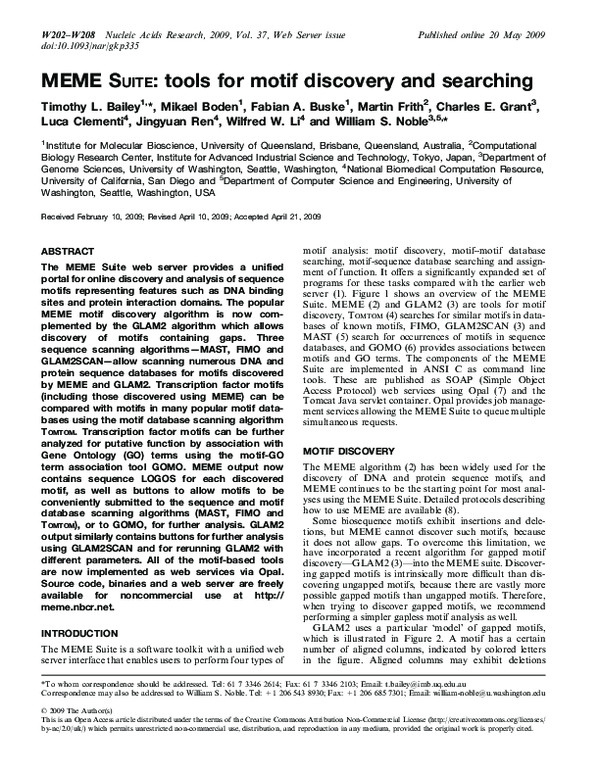 (PDF) MEME SUITE: tools for motif discovery and searching