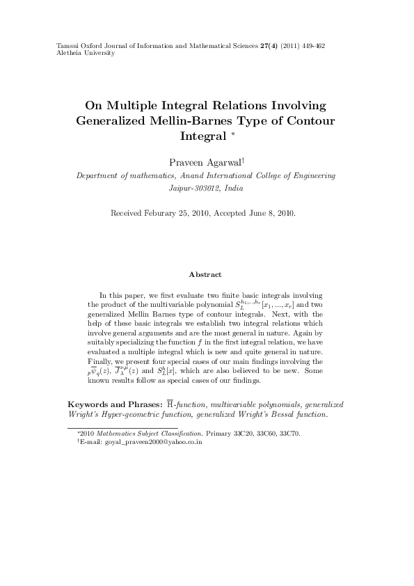Pdf On Multiple Integral Relations Involving Generalized Mellin Barnes Type Of Contour Integral