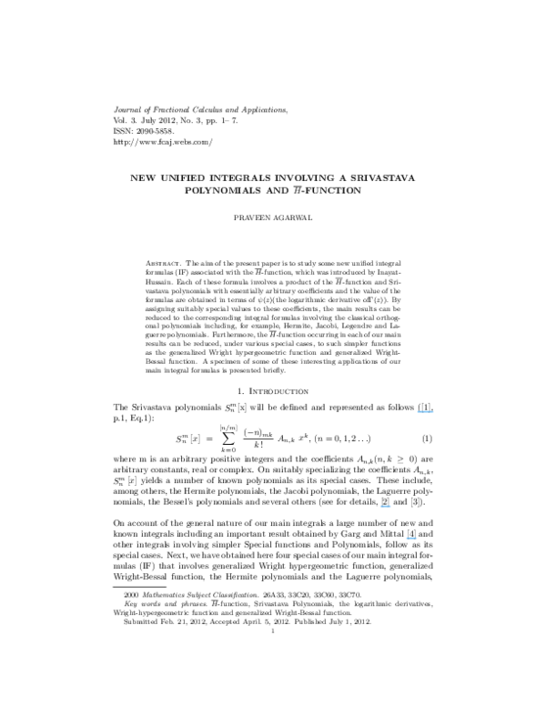 Pdf New Unified Integrals Involving A Srivastava Polynomials And H Function