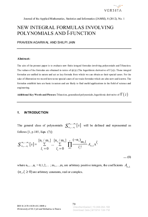 Pdf New Integral Formulas Involving Polynomials And Ī Function