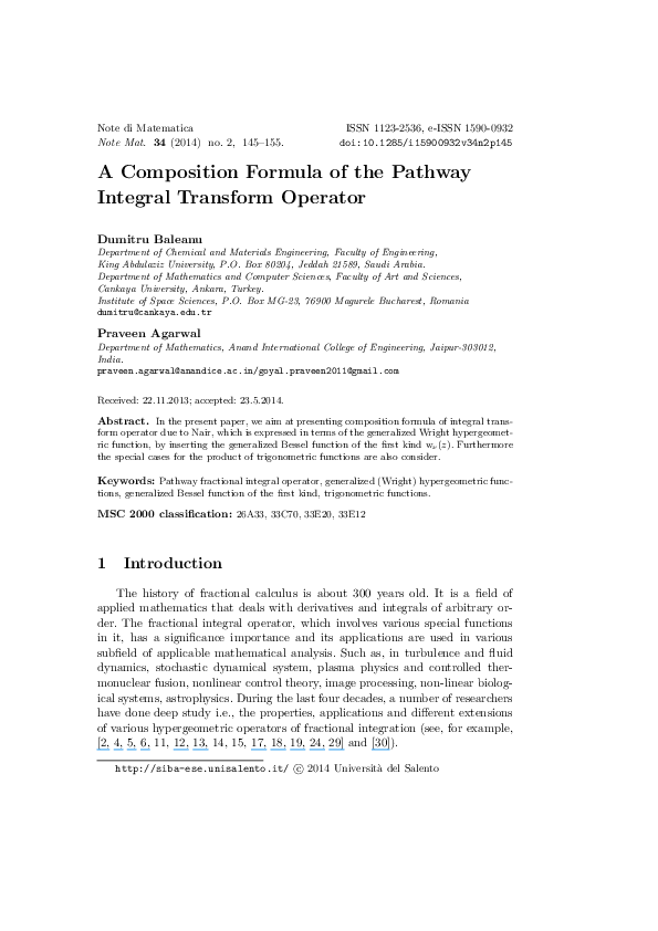 (PDF) A Composition Formula of the Pathway Integral Transform Operator