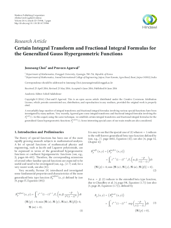 Pdf Certain Integral Transform And Fractional Integral Formulas For The Generalized Gauss