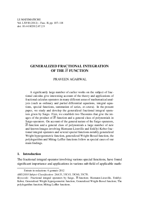 Pdf Generalized Fractional Integration Of The H Function Involving General Class Of Polynomials