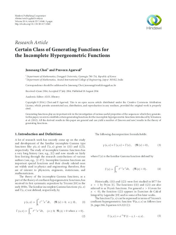 Pdf Certain Class Of Generating Functions For The Incomplete