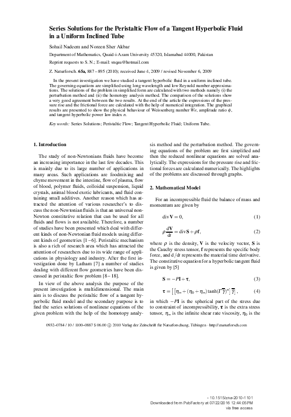 (PDF) Series Solutions for the Peristaltic Flow of a Tangent Hyperbolic Fluid in a Uniform ...