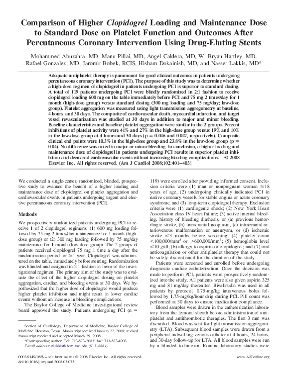 (PDF) Comparison of Higher Clopidogrel Loading and Maintenance Dose to ...