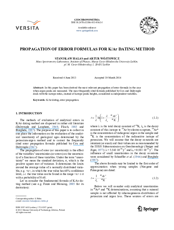(PDF) Propagation of error formulas for K/Ar dating method