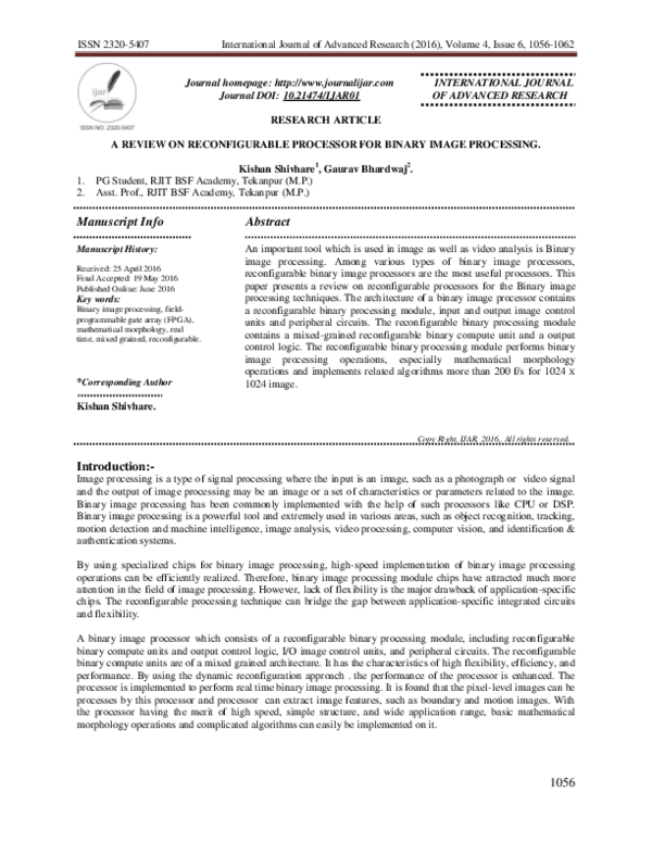 Pdf A Review On Reconfigurable Processor For Binary Image Processing
