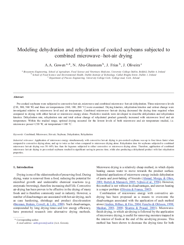 (PDF) Modeling dehydration and rehydration of cooked soybeans subjected to combined microwave ...