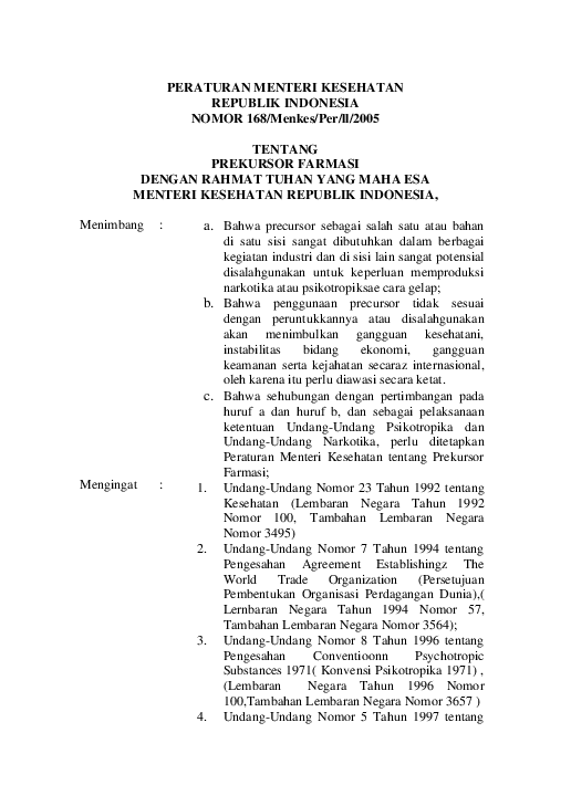 (PDF) PERMENKES NO.168 Menkes Per II 2005 Tentang PREKURSOR FARMASI