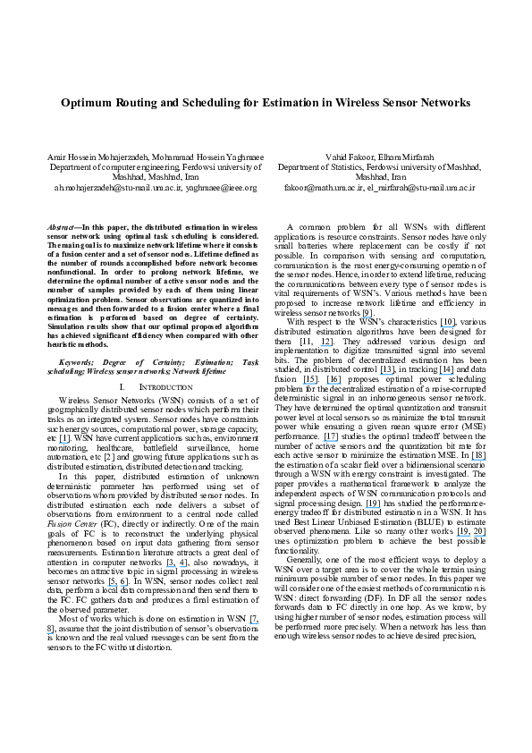 (PDF) Optimum routing and scheduling for estimation in wireless sensor networks