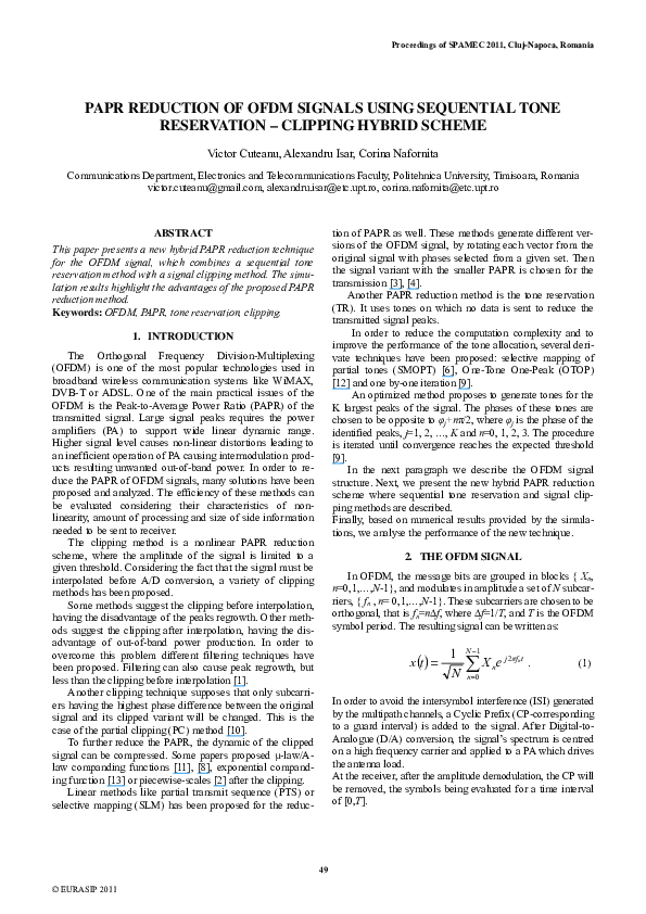 (PDF) Papr Reduction of Ofdm Signals Using Sequential Tone Reservation – Clipping Hybrid Scheme