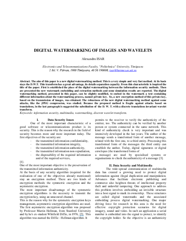 Pdf Digital Watermarking Of Images And Wavelets
