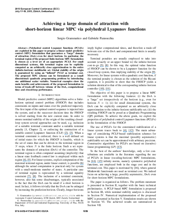 Pdf Achieving A Large Domain Of Attraction With Short Horizon Linear Mpc Via Polyhedral