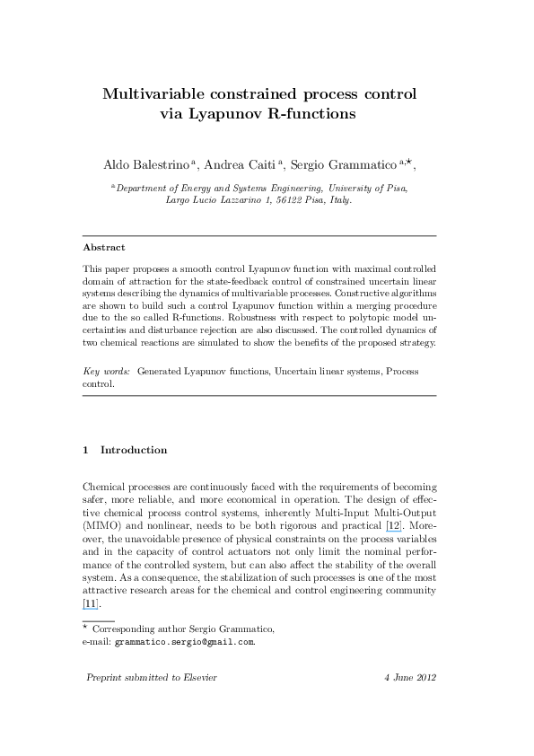 Pdf Multivariable Constrained Process Control Via Lyapunov R Functions