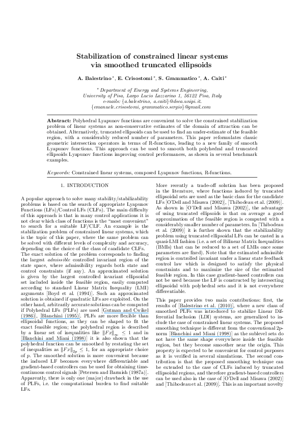 (PDF) Stabilization of Constrained Linear Systems Via Smoothed Truncated Ellipsoids