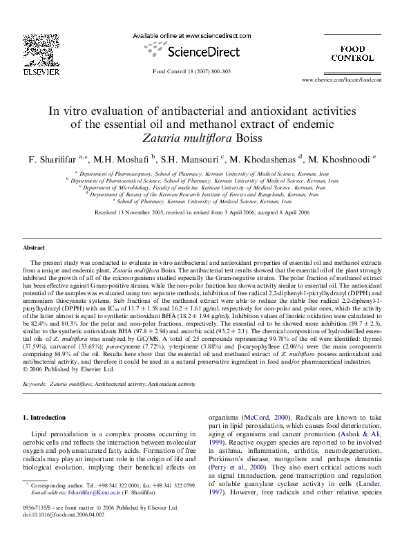 Pdf In Vitro Evaluation Of Antibacterial And Antioxidant Activities