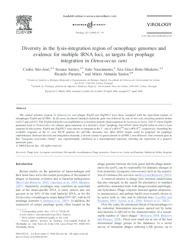 (PDF) Diversity in the lysis-integration region of oenophage genomes and evidence for multiple ...