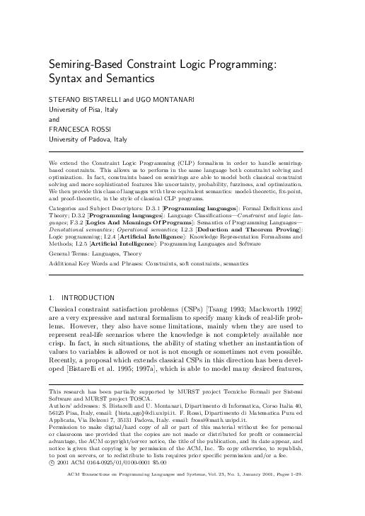 (PDF) Semiring-based constraint logic programming: syntax and semantics