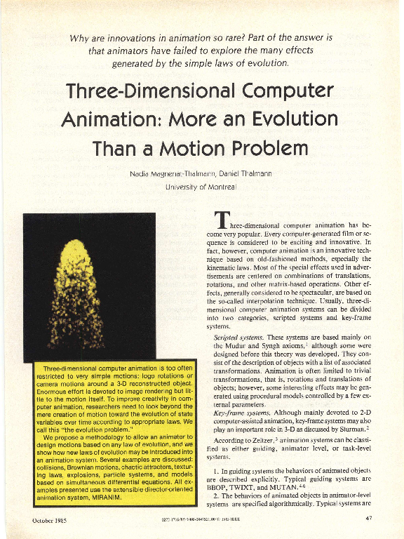 (PDF) Three-Dimensional Computer Animation: More an Evolution Than a Motion Problem