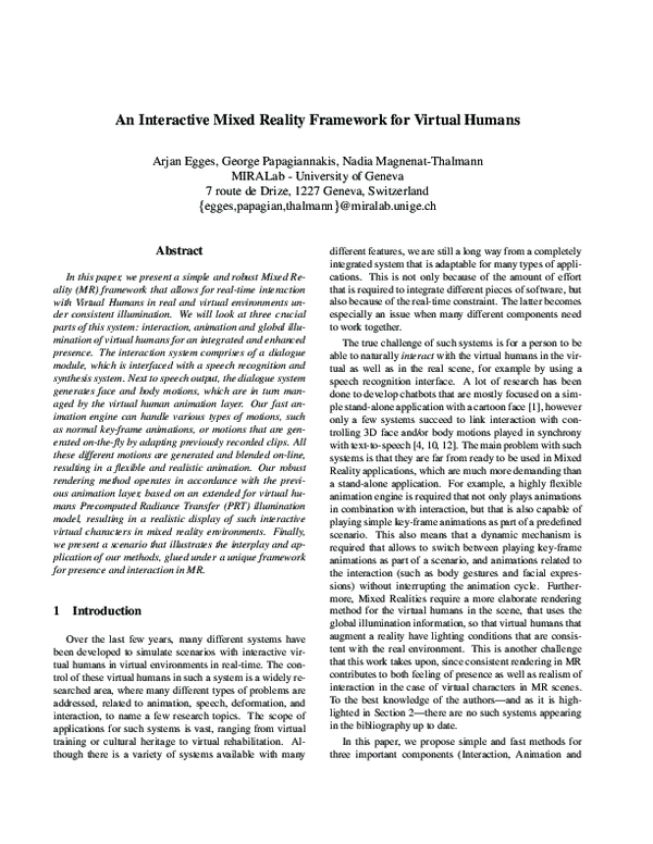 (PDF) An Interactive Mixed Reality Framework for Virtual Humans