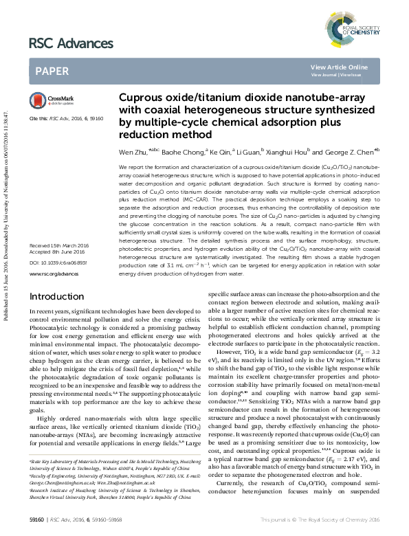 (PDF) Cuprous oxide/titanium dioxide nanotube-array with coaxial heterogeneous structure ...