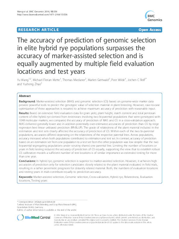 (PDF) The accuracy of prediction of genomic selection in elite hybrid rye populations surpasses ...