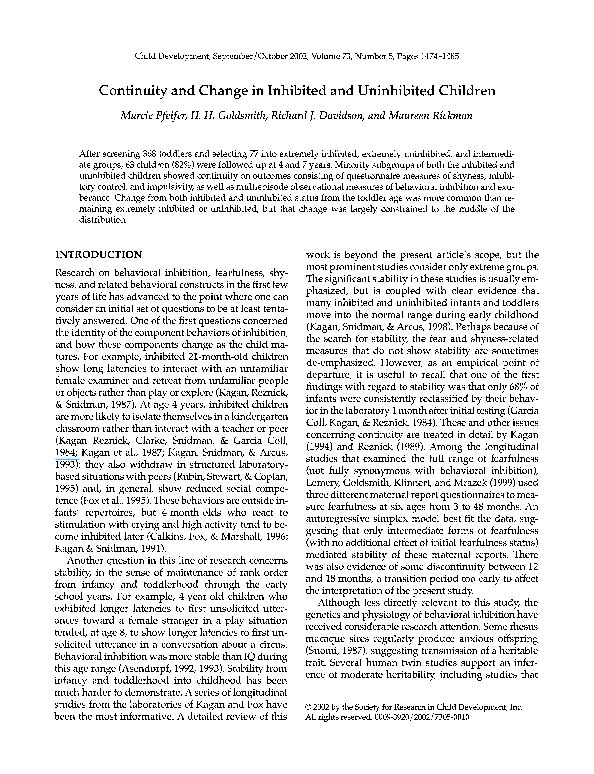 (PDF) Continuity and Change in Inhibited and Uninhibited Children