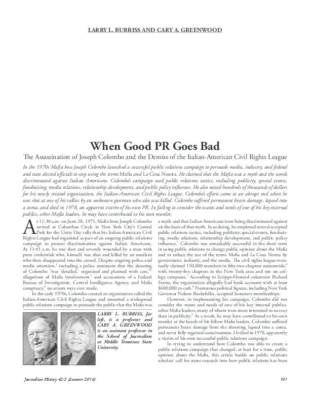 (PDF) When Good PR Goes Bad The Assassination of Joseph Colombo and the ...