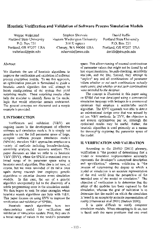 Pdf Heuristic Verification And Validation Of Software Process Simulation Models