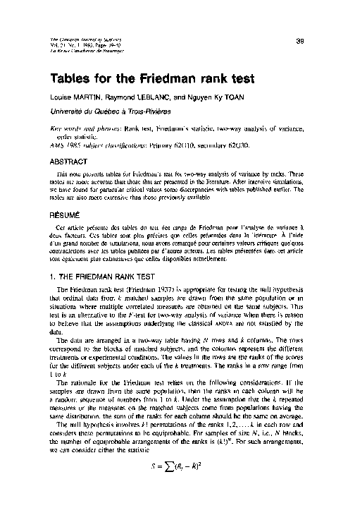 (PDF) Tables for the Friedman rank test