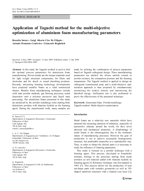 Pdf Application Of Taguchi Method For The Multi Objective Optimization Of Aluminium Foam