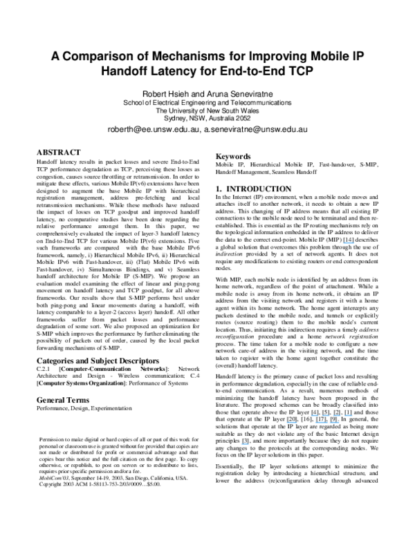 (PDF) A comparison of mechanisms for improving mobile IP handoff latency for end-to-end TCP