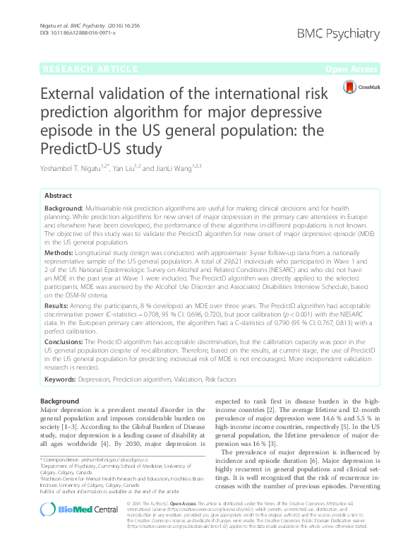 (PDF) Validation of PredictD for Depression Risk in US