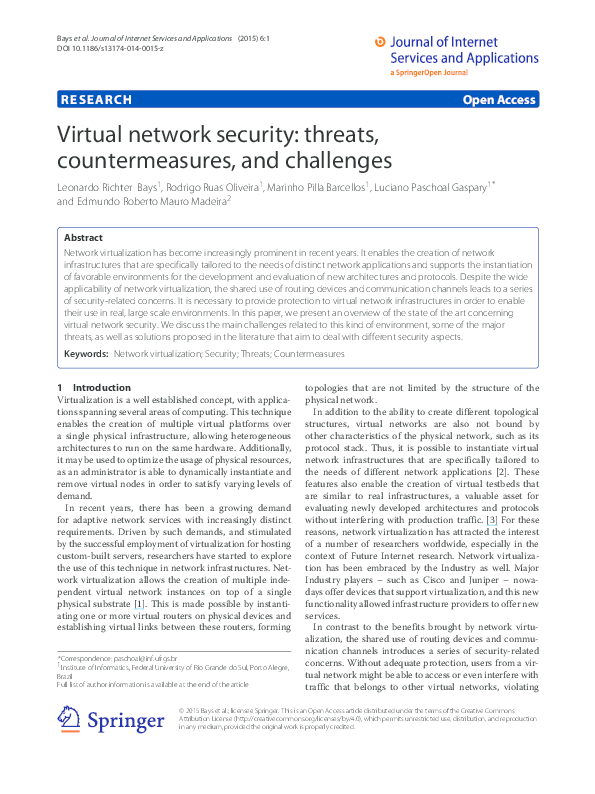 (PDF) Virtual network security: threats, countermeasures, and challenges