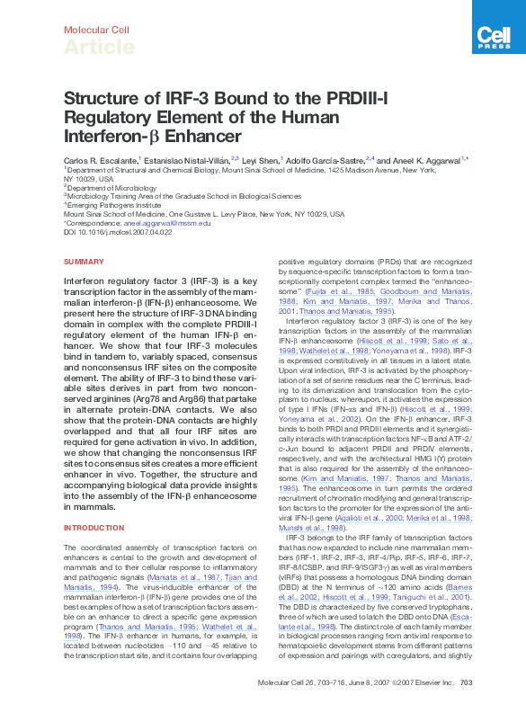 (PDF) Structure of IRF-3 Bound to the PRDIII-I Regulatory Element of the Human Interferon-β Enhancer