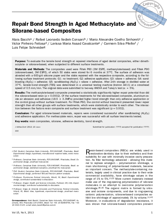 Pdf Repair Bond Strength In Aged Methacrylate And Silorane Based Composites