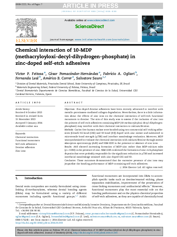 (PDF) Chemical interaction of 10-MDP (methacryloyloxi-decyl-dihydrogen ...