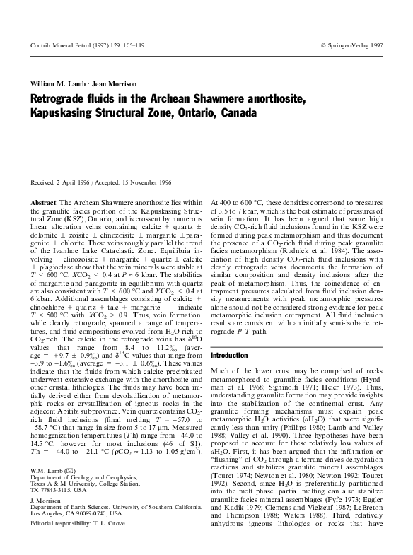 Retrograde Fluids in the Archean Shawmere Anorthosite, Kapuskasing ...