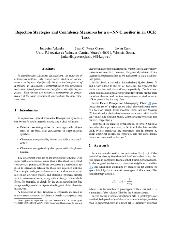 (PDF) Rejection Strategies and Confidence Measures for a k- NN Classifier in an OCR Task