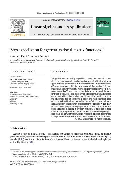 Pdf Zero Cancellation For General Rational Matrix Functions