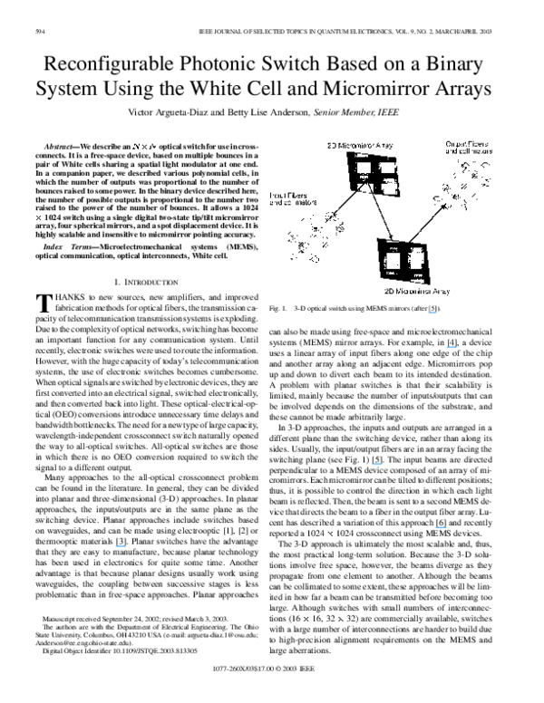 (PDF) Reconfigurable photonic switch based on a binary system using the White cell and ...