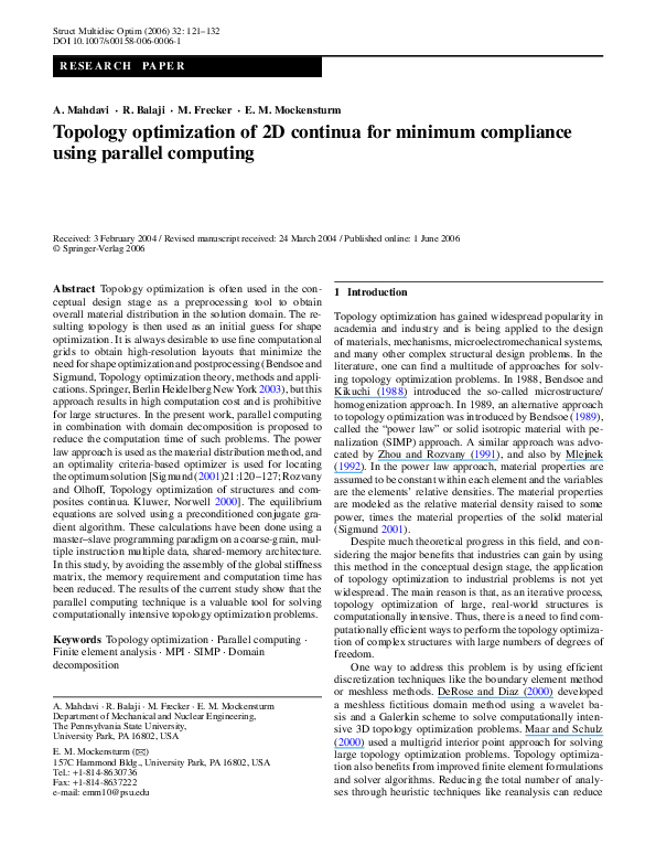 (PDF) Topology optimization of 2D continua for minimum compliance using parallel computing